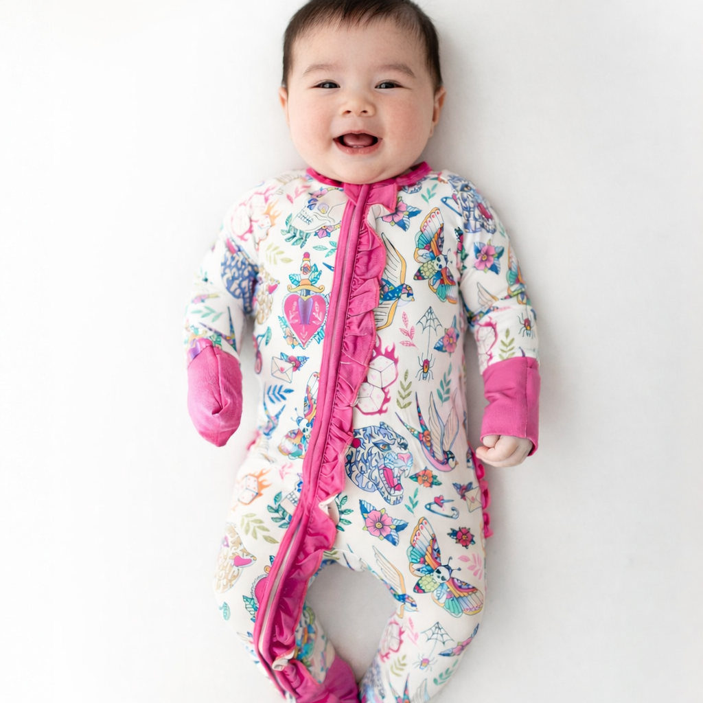 Retro Floral 2 Way Zip Ruffle Sleepsuit | Bamboo Romper