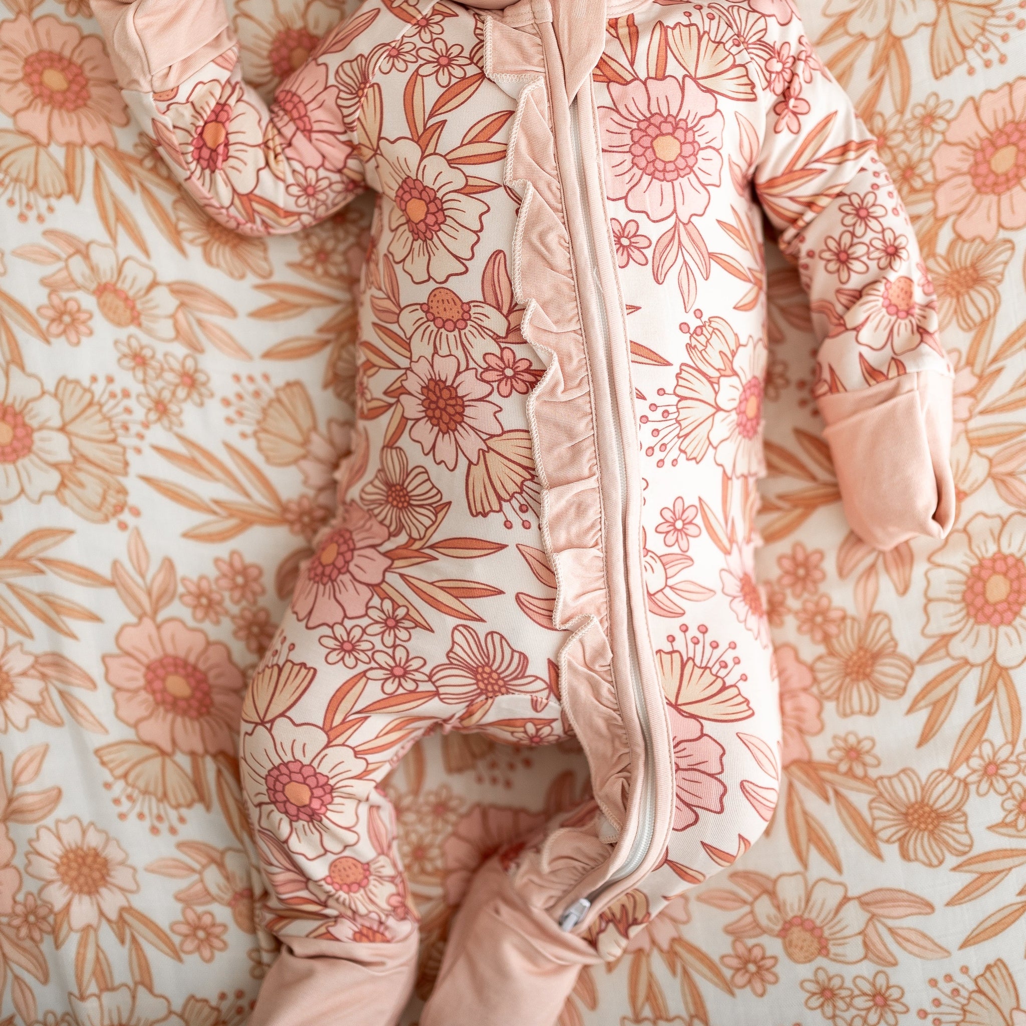 Retro Floral 2 Way Zip Ruffle Sleepsuit | Bamboo Romper